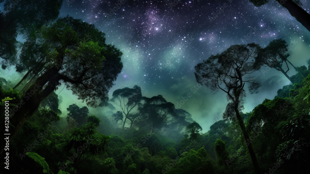 Rainforest under a nebula night sky, illustrating the stunning contrast ...