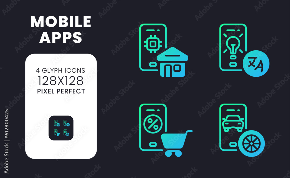 Mobile apps blue solid gradient desktop icons. E-commerce. Digital ...