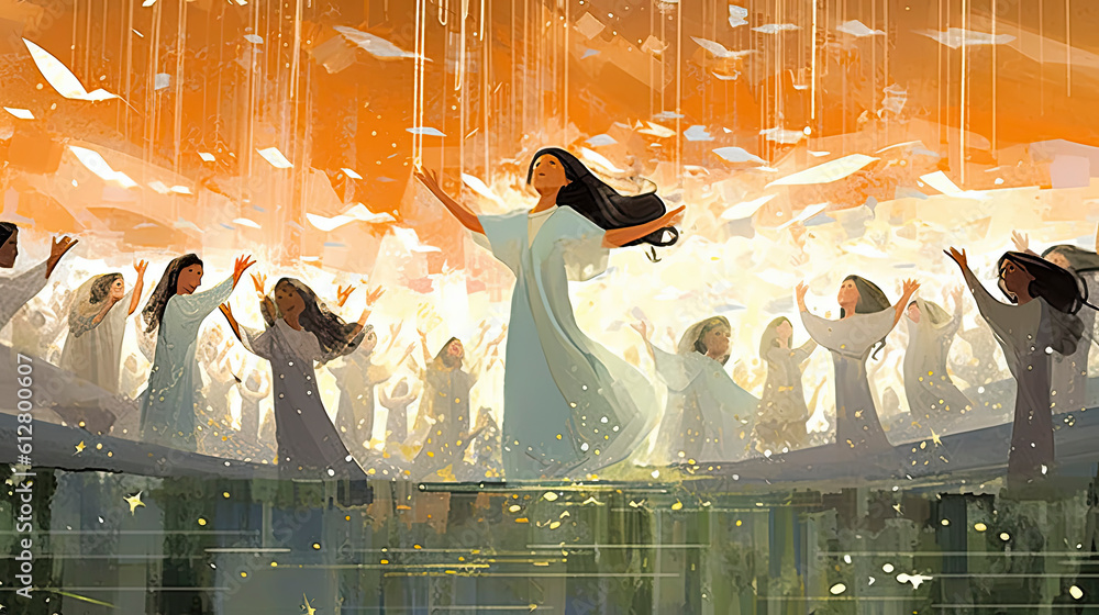 Colorful painting art of angels singing and praising God in heaven ...