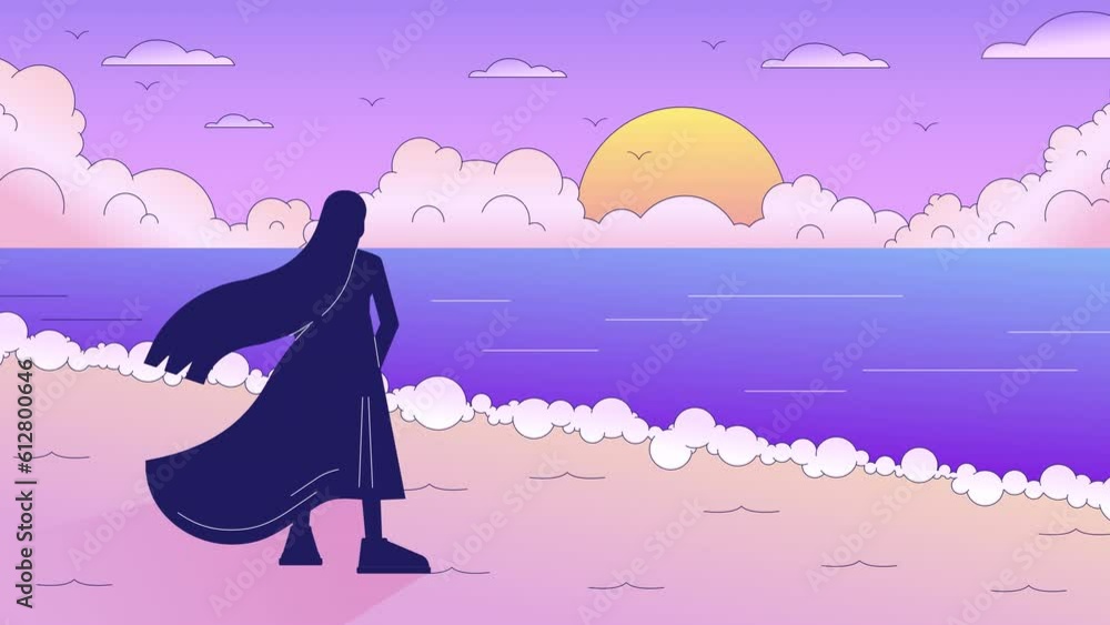 Sad woman on beach lo fi animation. Lonely girl silhouette watching sea ...