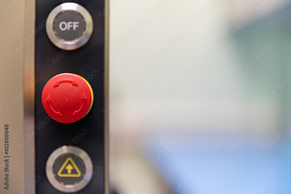 Emergency stop button. hand press emergency button of machine. Concept ...
