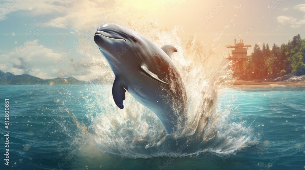 An enchanting digital scene of a friendly dolphin character gracefully ...