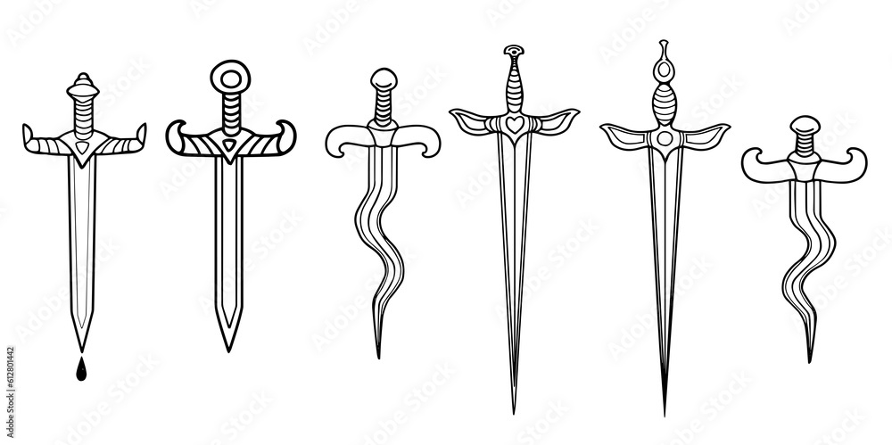 Vector line art dagger design set heroic knife icon symbol contour ...
