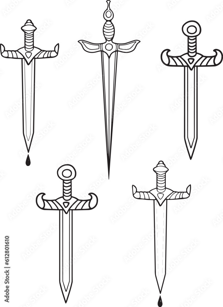 Vector line art dagger design set heroic knife icon symbol contour ...