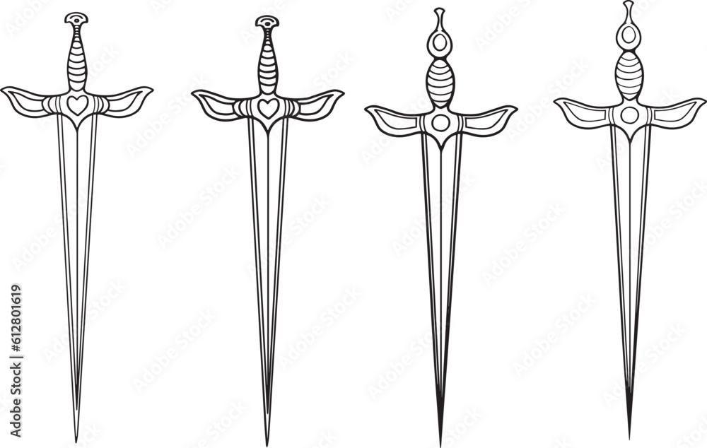 Vector line art dagger design set heroic knife icon symbol contour ...