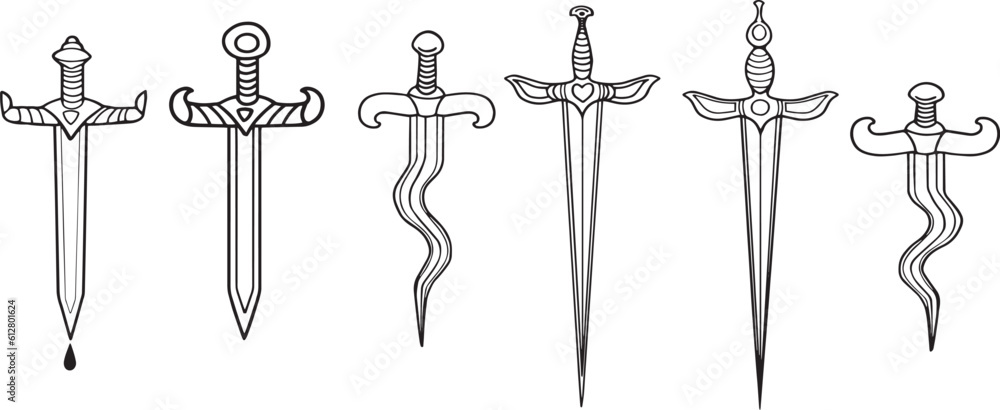 Vector line art dagger design set heroic knife icon symbol contour ...