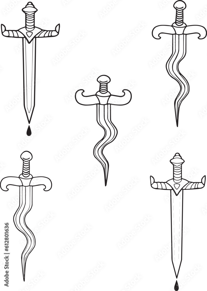 Vector line art dagger design set heroic knife icon symbol contour ...