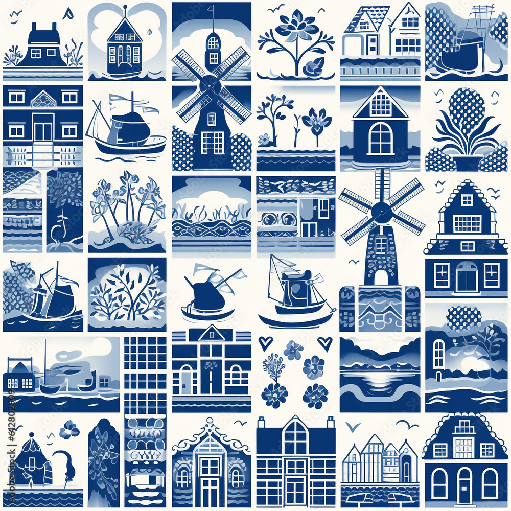 Dutch Delft blue Digital Paper, Holland windmill, Landscape, Dutch ...