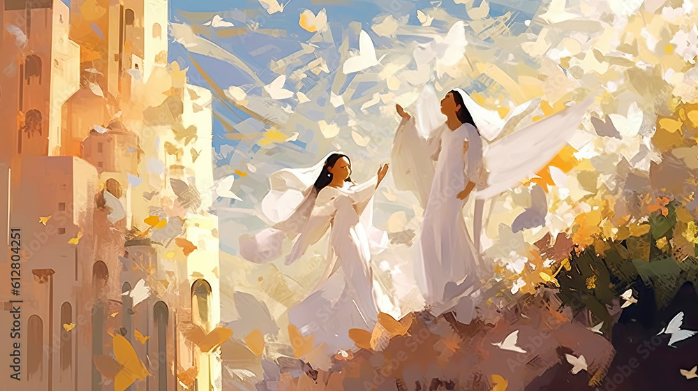 Colorful painting art of angels singing and praising God in heaven ...