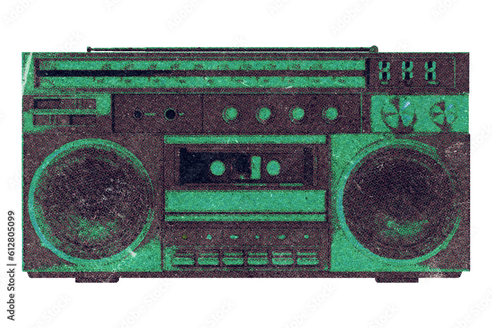 Retro radio receiver collage element in acid style isolated on ...