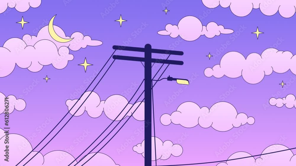 Utility pole sunset lo fi animation. Electrical cables on dreamy night ...