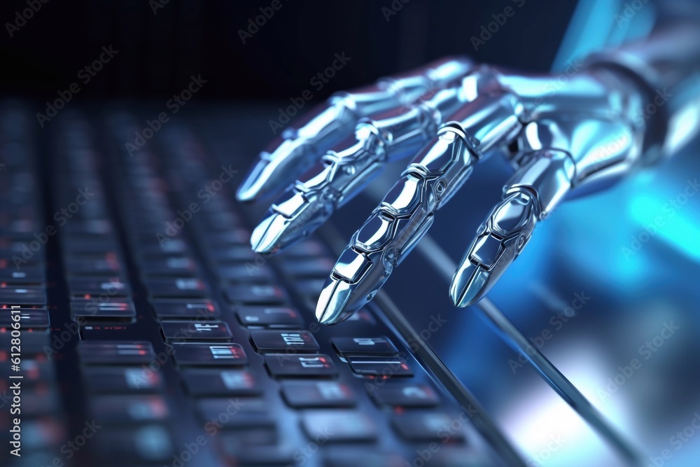 Robot hand finger typing or pressing enter on computer keyboard. Cyborg ...
