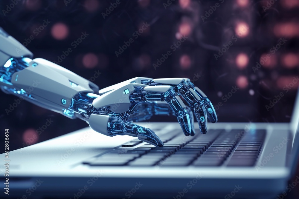 Robot hand finger typing or pressing enter on computer keyboard. Cyborg ...