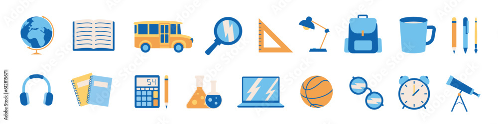 School supplies. icon set. Back to school icon set. Flat style. Stock ...