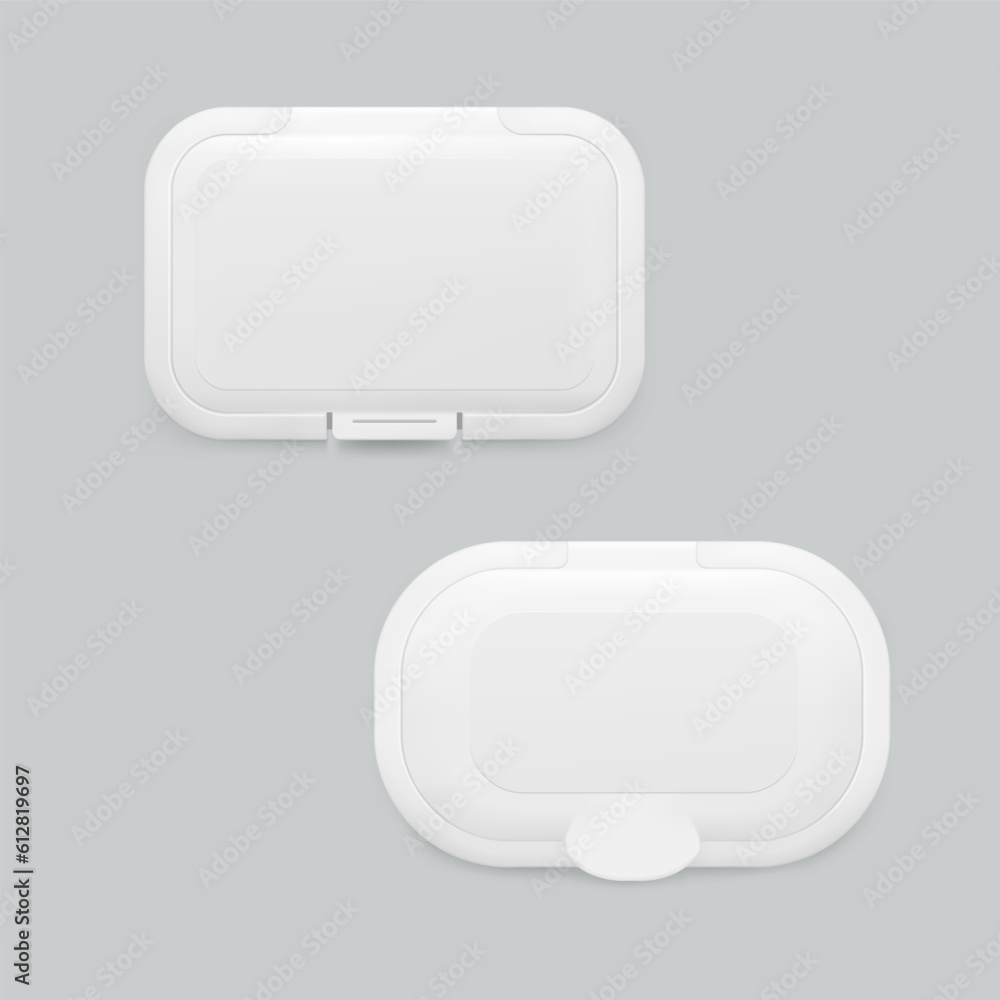 Realistic wet wipe covers for wet wipes packaging set. Front view ...
