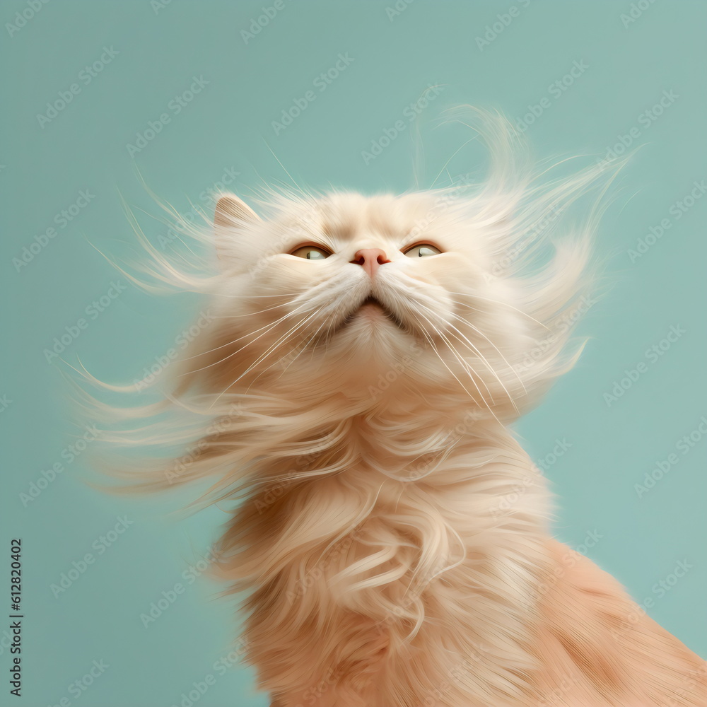 long haired cat portrait blowing in wind isolated on plain green studio ...