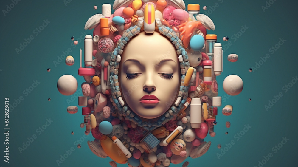 Woman's face covered with many pills as a symbol of drug abuse ...