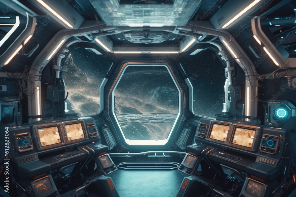 Modern interior of a spaceship with a view of the system of space ...