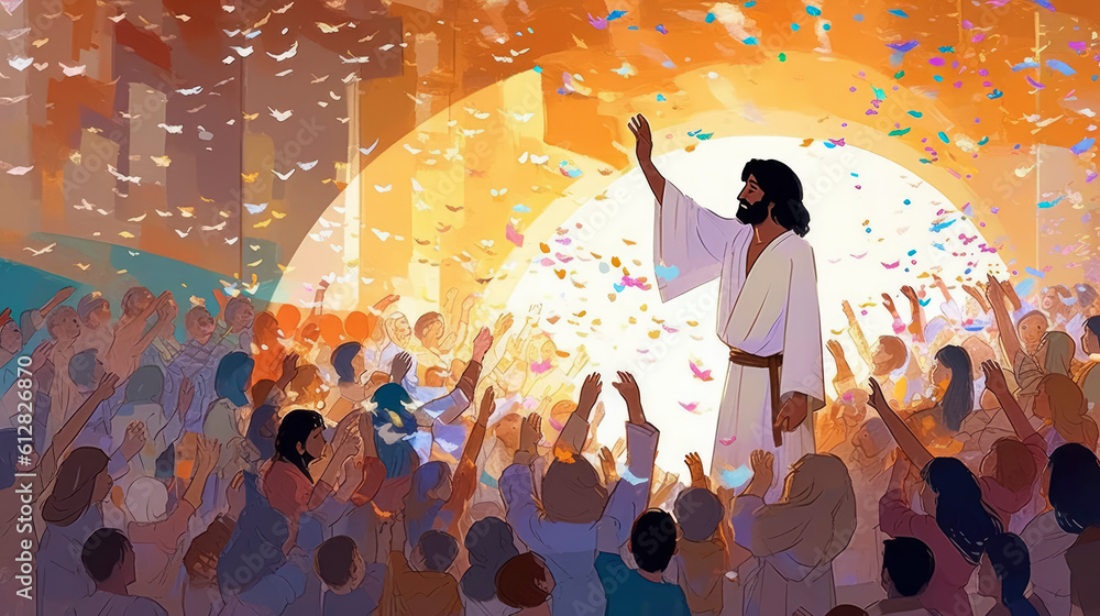 Colorful painting art of crowd joyfully cheering Jesus. Christian ...