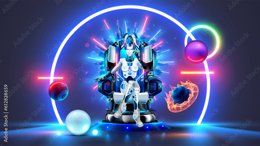 AI rules world. Robot female queen sits on throne. Beautiful cyborg ...