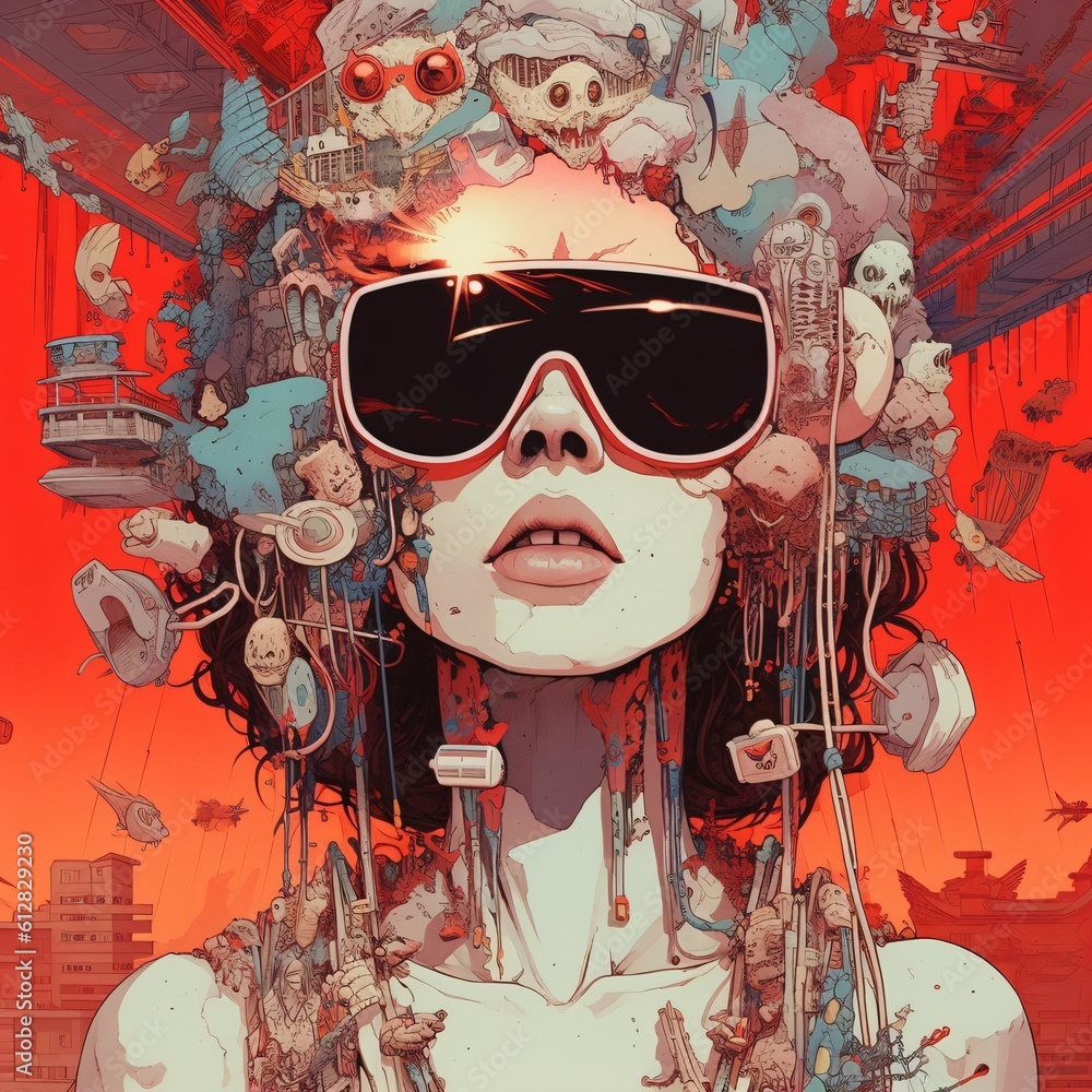 crazy female cartoon portrait with sunglasses, fictional person created ...