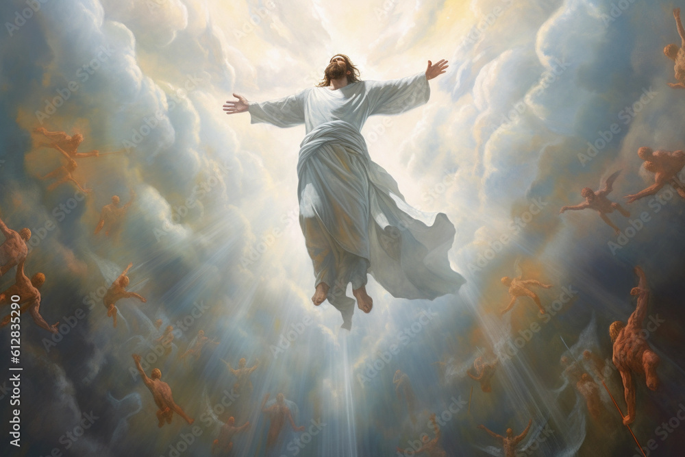 A celestial depiction of Jesus Christ in heaven, surrounded by radiant ...