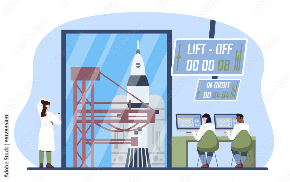 Flight control center concept. Men and women in medical suits look ...