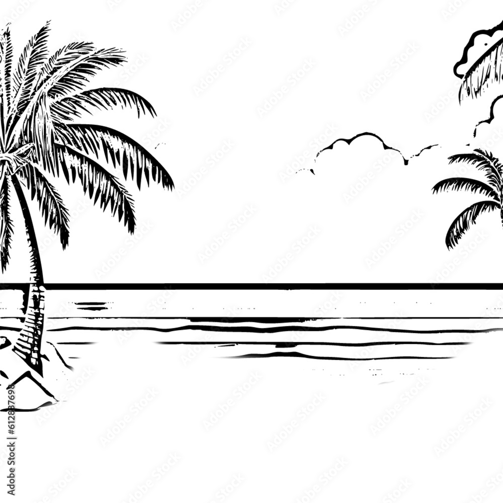 Beach with palm tree and ocean black outline sketch, beach black ...