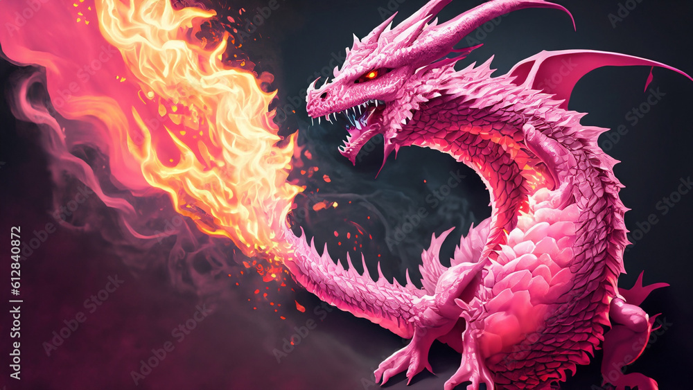 Pink dragon breathing fire in front of dark background Created with ...