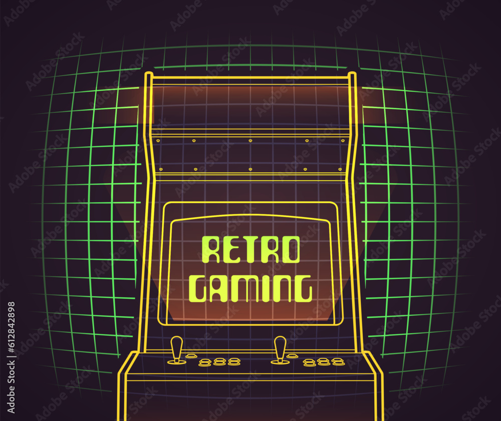 Arcade Machine in Outline Style Over Green Laser Grid. Vector Retro ...