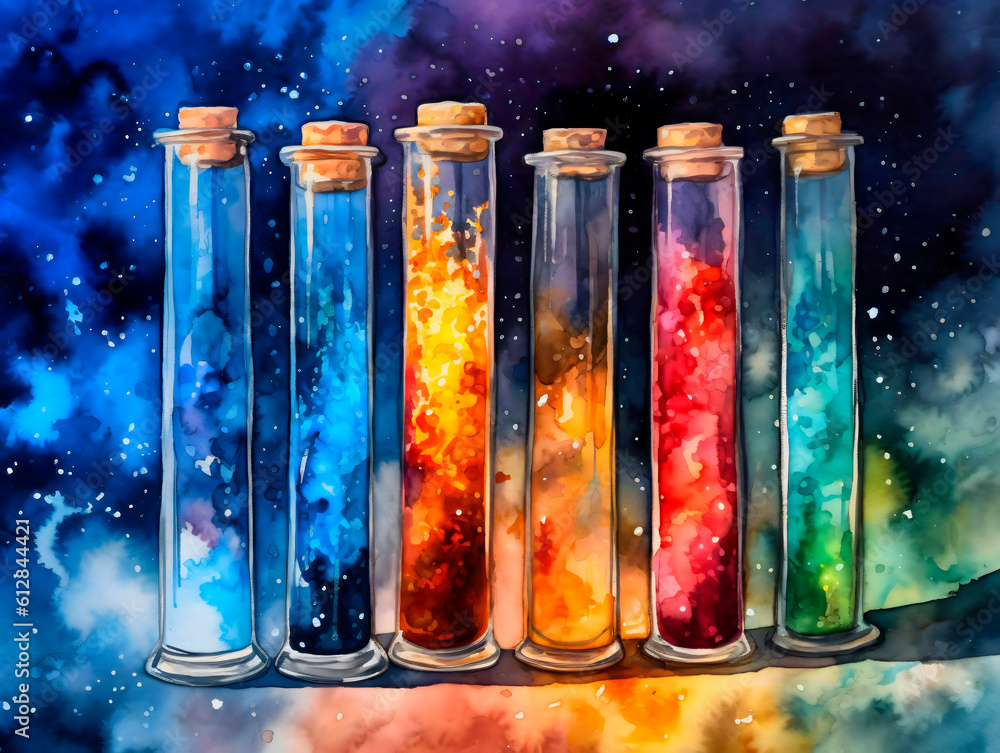 Four test tubes filled with different colored liquids, a watercolor ...