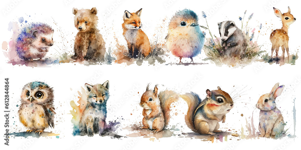 Safari Animal set hedgehog, owl, rabbit, bear, deer, fox, chipmunk ...