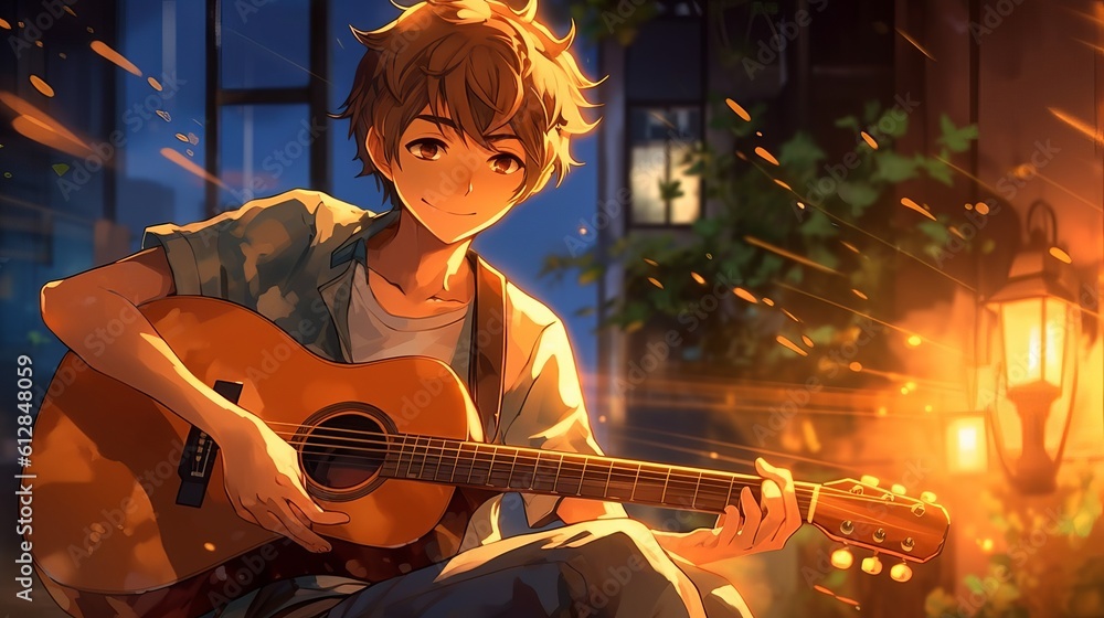 Child Playing Guitar - Passionate Anime Boy Playing Guitar: Captivating ...