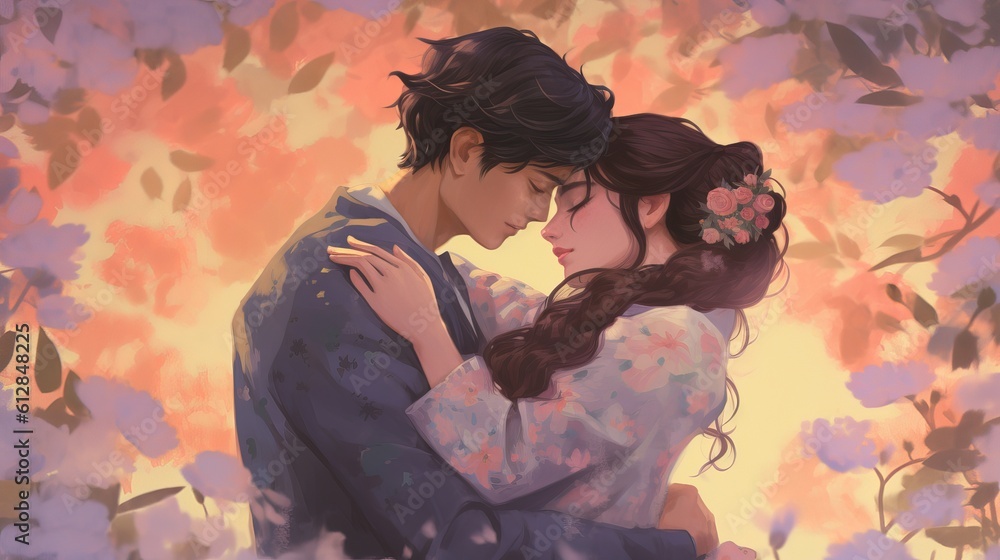 Romantic Anime Style Illustration: Adorable Couple in Love Embracing ...