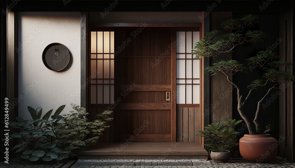 Japandi style front door made out of natural wood and bamboo ...
