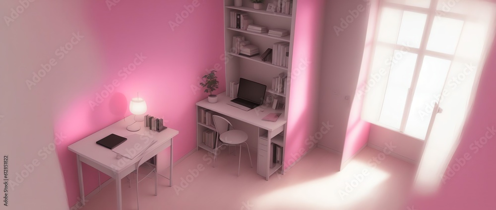Aerial View of a Study nook with pink walls in Flickering light using ...