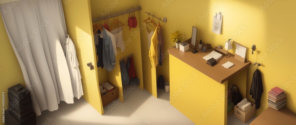 Overhead View of a Dressing room with yellow walls in Sunshine rays ...