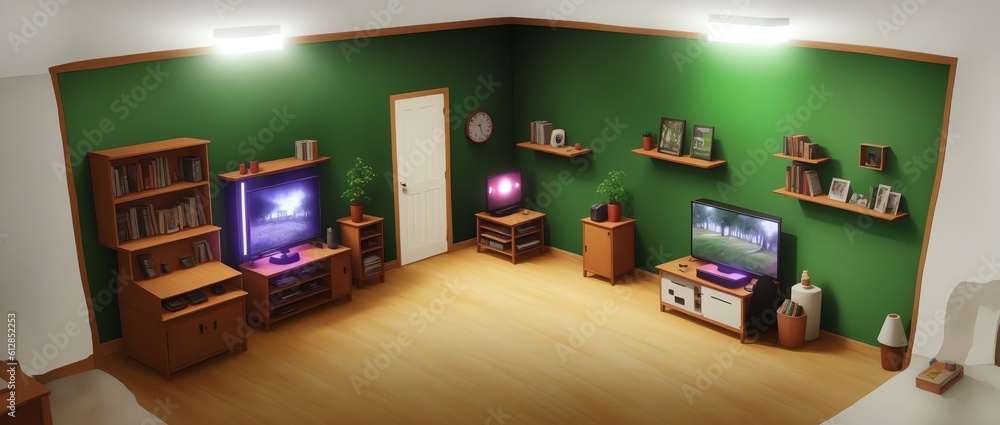 Isometric View of a Game room with green walls in Volumetric lighting ...
