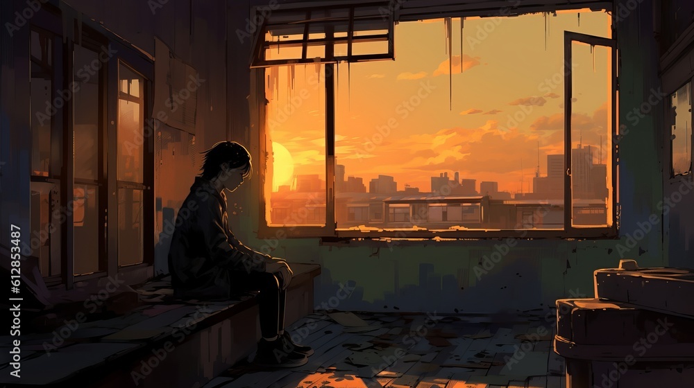 Lonely Reflection: Emotionally Charged Anime Illustration of a Desolate ...