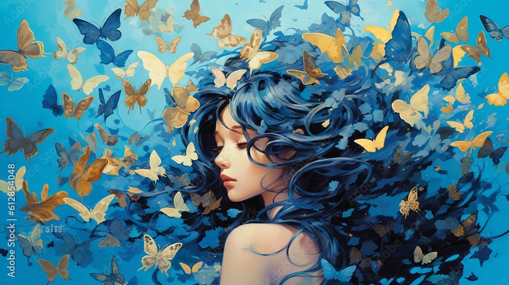 Portrait of a Girl with Golden and Blue Butterfly - Enchanting Anime ...