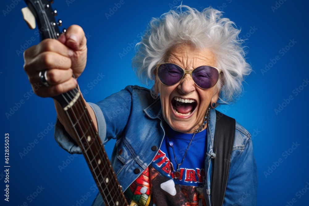 Lifestyle portrait photography of a glad old woman making a rock on or ...