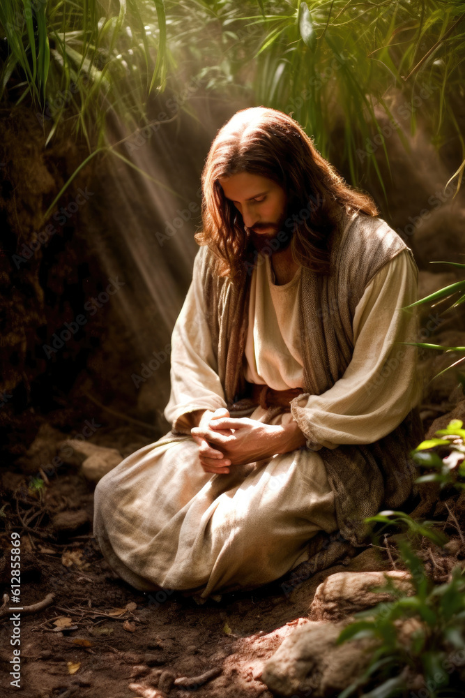 Jesus Christ kneeling in prayer in the garden of Gethsemane Generative ...