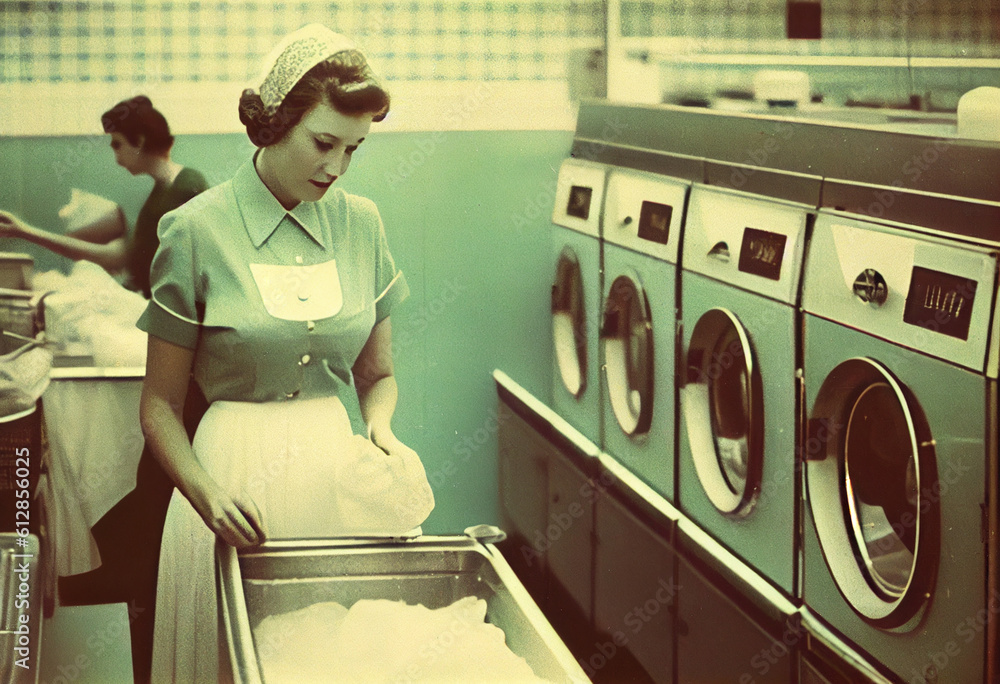 Women wash clothes in washing machines, laundromat. 70s style, public ...