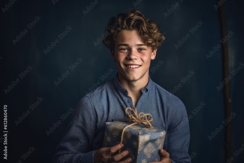 Lifestyle portrait photography of a glad boy in his 20s holding a gift ...