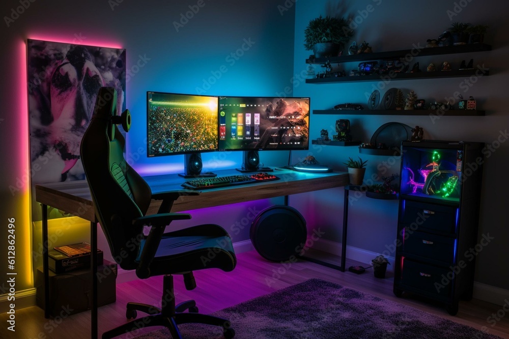 Vivid RGB gaming setup with furniture against an LED-lit brick wall for ...