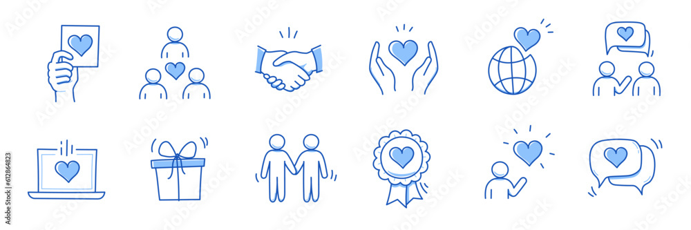 Charity hand, trust community doodle line icon. Charity community ...