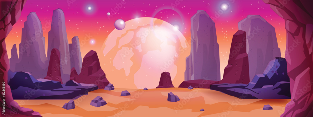 Game space background, vector alien planet landscape, cartoon fantasy ...