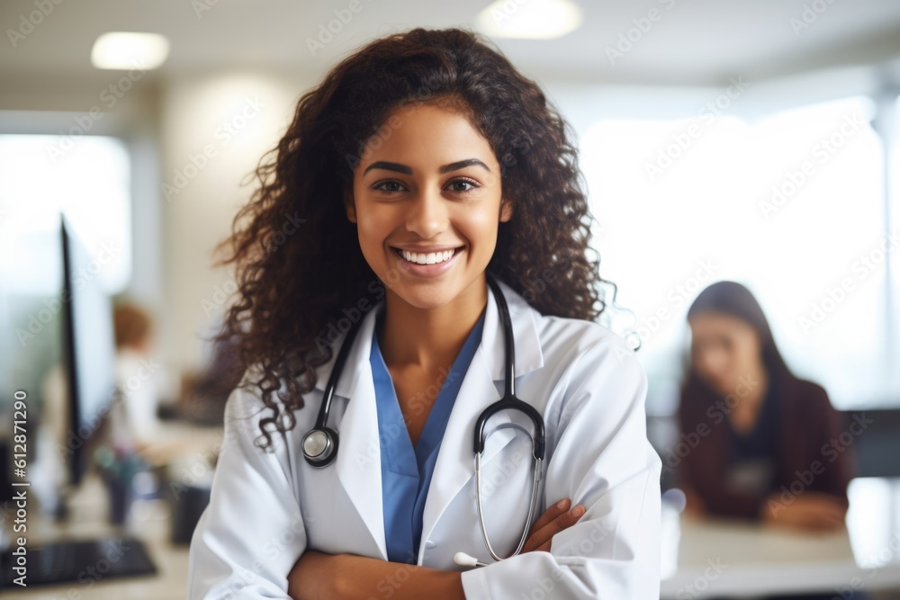 Smiling Hispanic doctor in a white coat with a stethoscope. AI ...