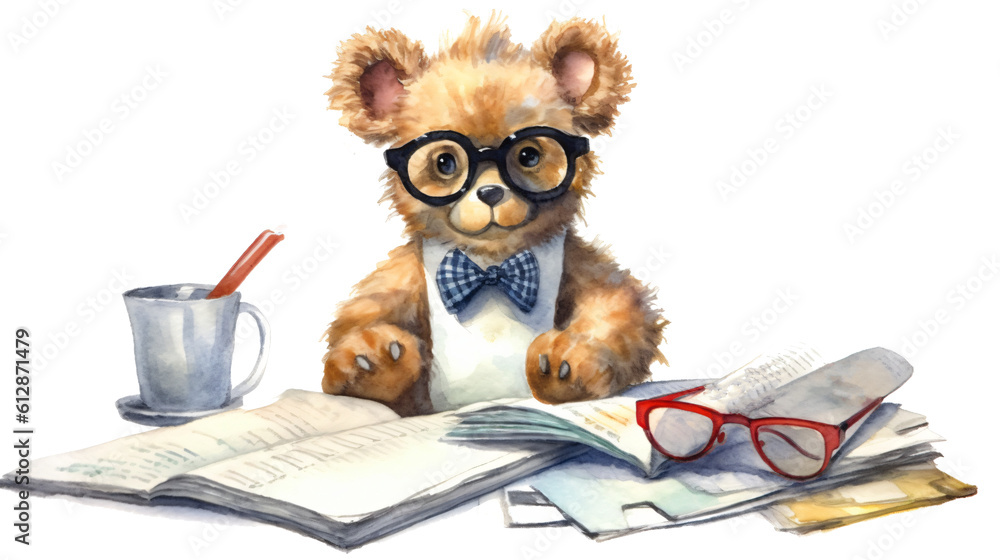 cute teddy bear reading newspaper in watercolor design isolated on ...