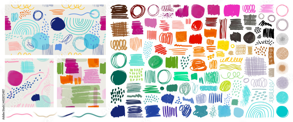 Colorful Children Marker Doodle Seamless Pattern Set. Collection of ...